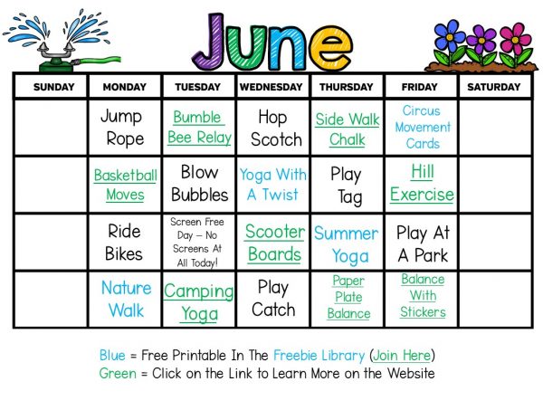 Summer Gross Motor Planning - Printable Summer Activity Calendars ...